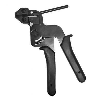 Cable tie fastening gun - for stainless steel cable ties